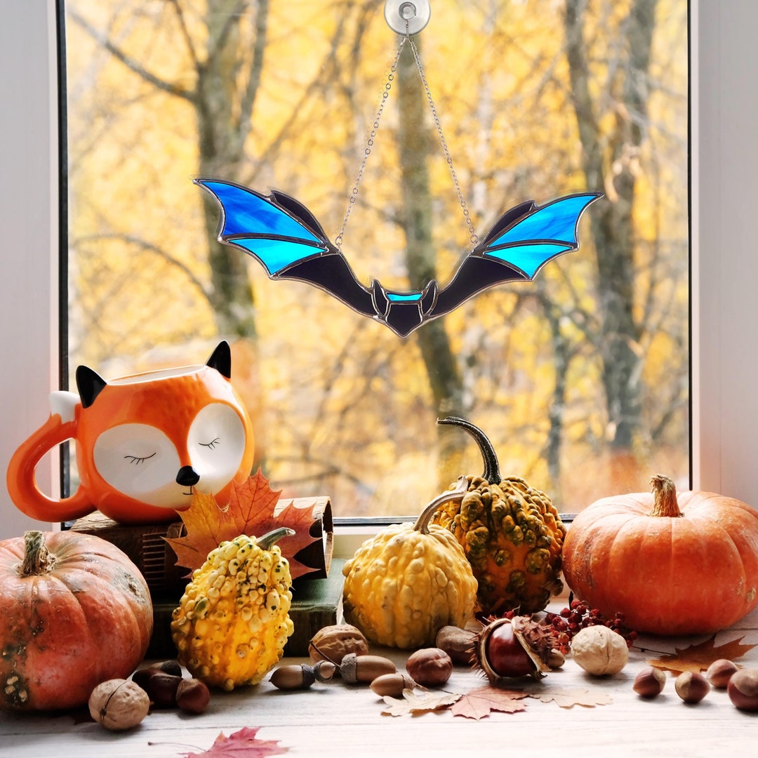Stained Glass Bat Halloween Decor, Handmade Bat Suncatcher, Fall Window ...