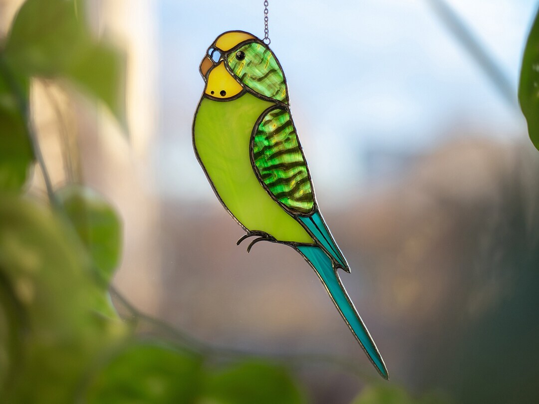 Stained Glass Parrot Suncatcher Green Bird Window Hangings Handcrafted ...