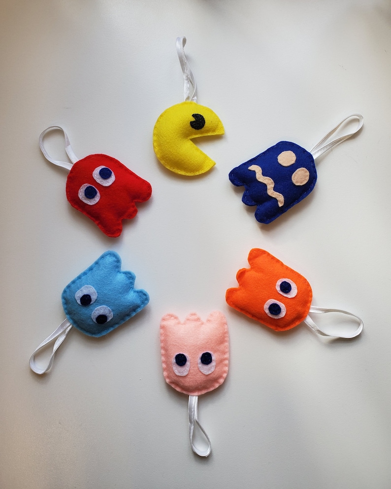 Felt Pac-man & Ghosts, Set of 6 Mini Felt Stuffies, Pacman and 5 Ghosts ...