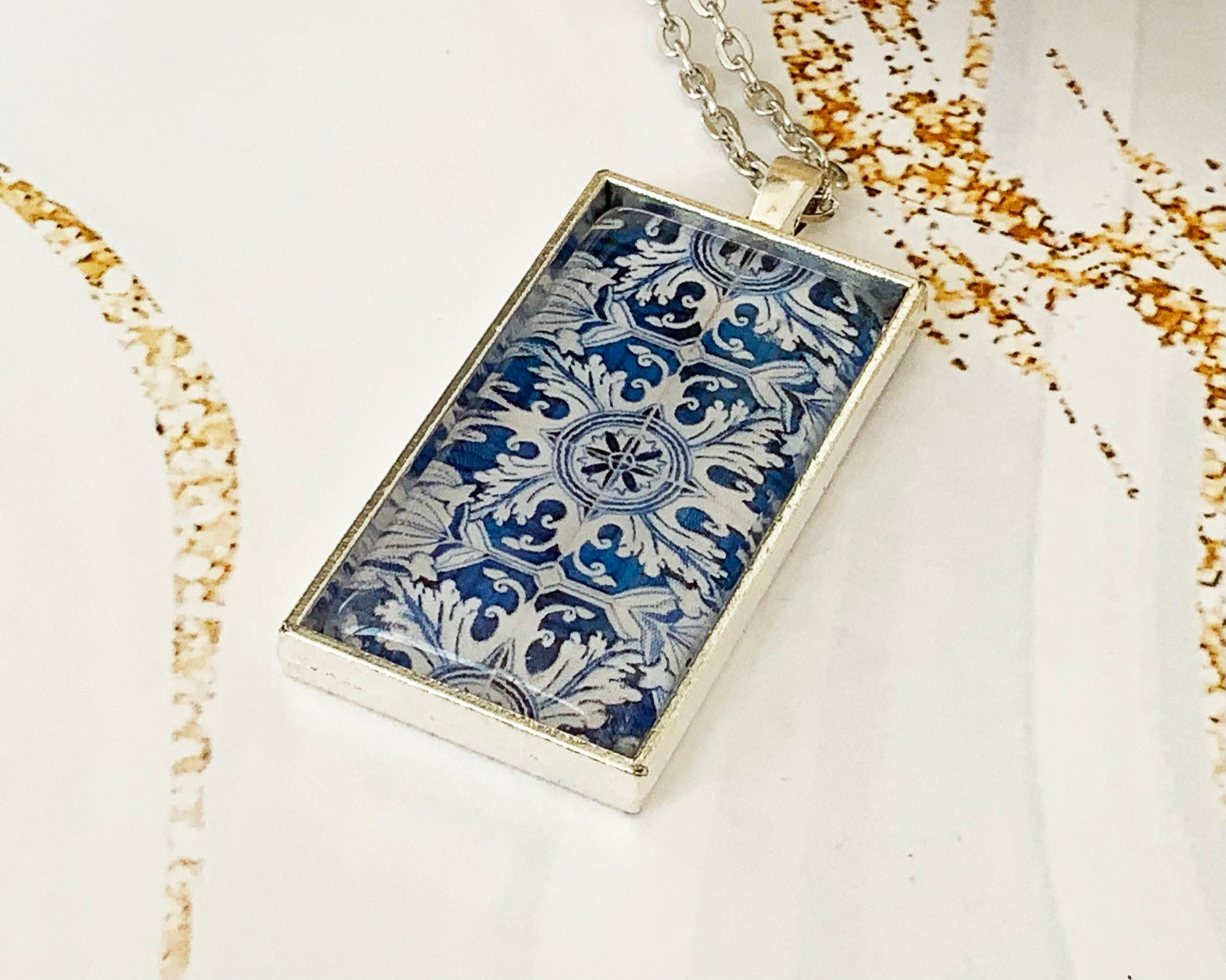 Vintage Blue Tile Necklace, Portuguese Tile Necklace in Bronze or ...