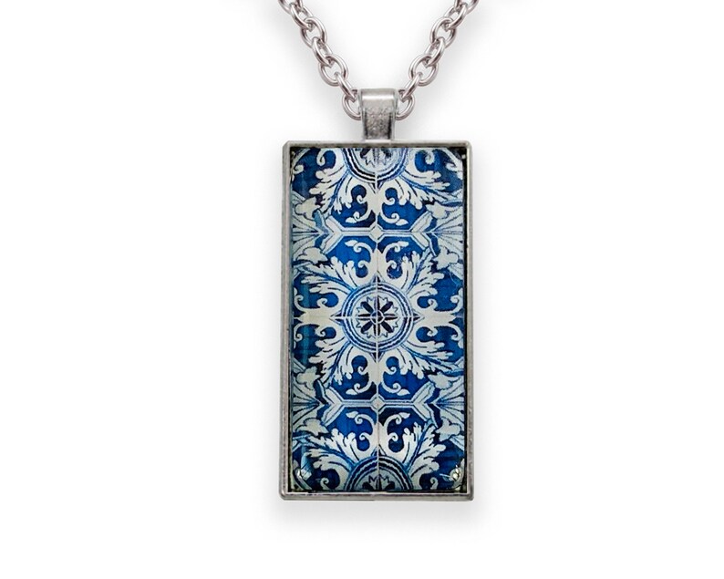 Vintage Blue Tile Necklace, Portuguese Tile Necklace in Bronze or ...