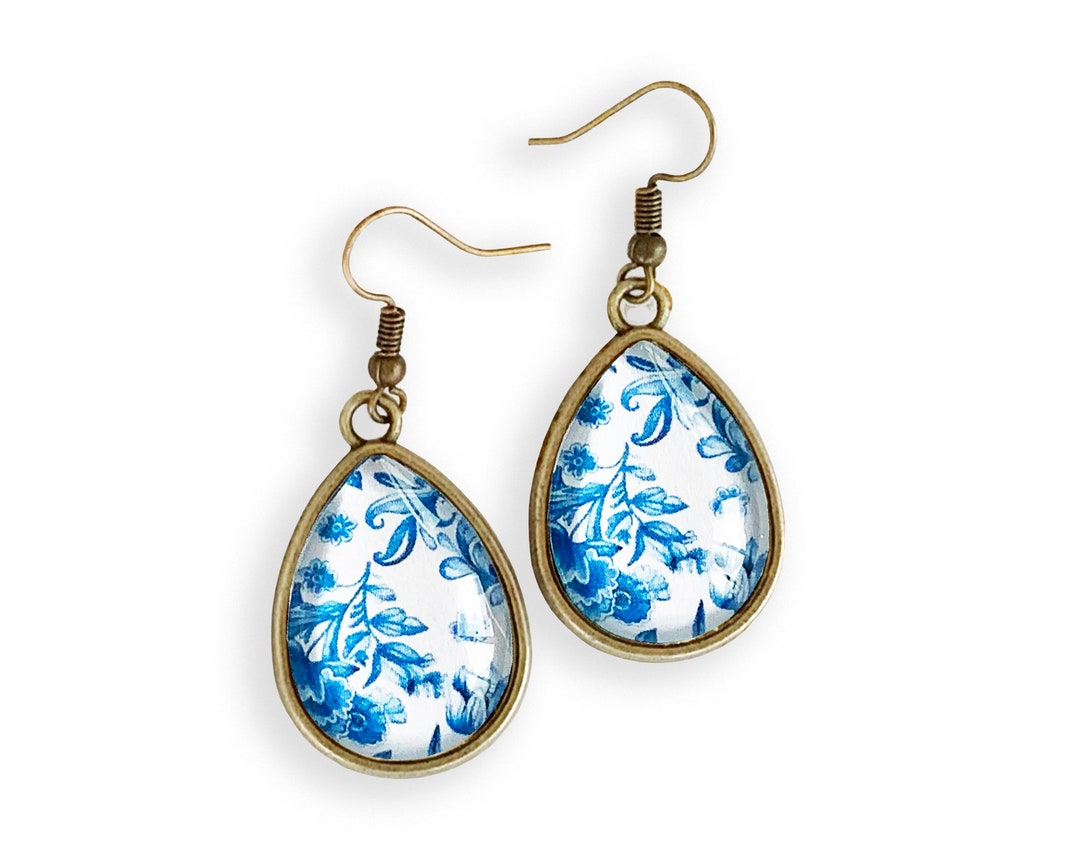 Floral Delft Blue Earrings, Vintage Delft Blue Earrings, Dutch Earring ...