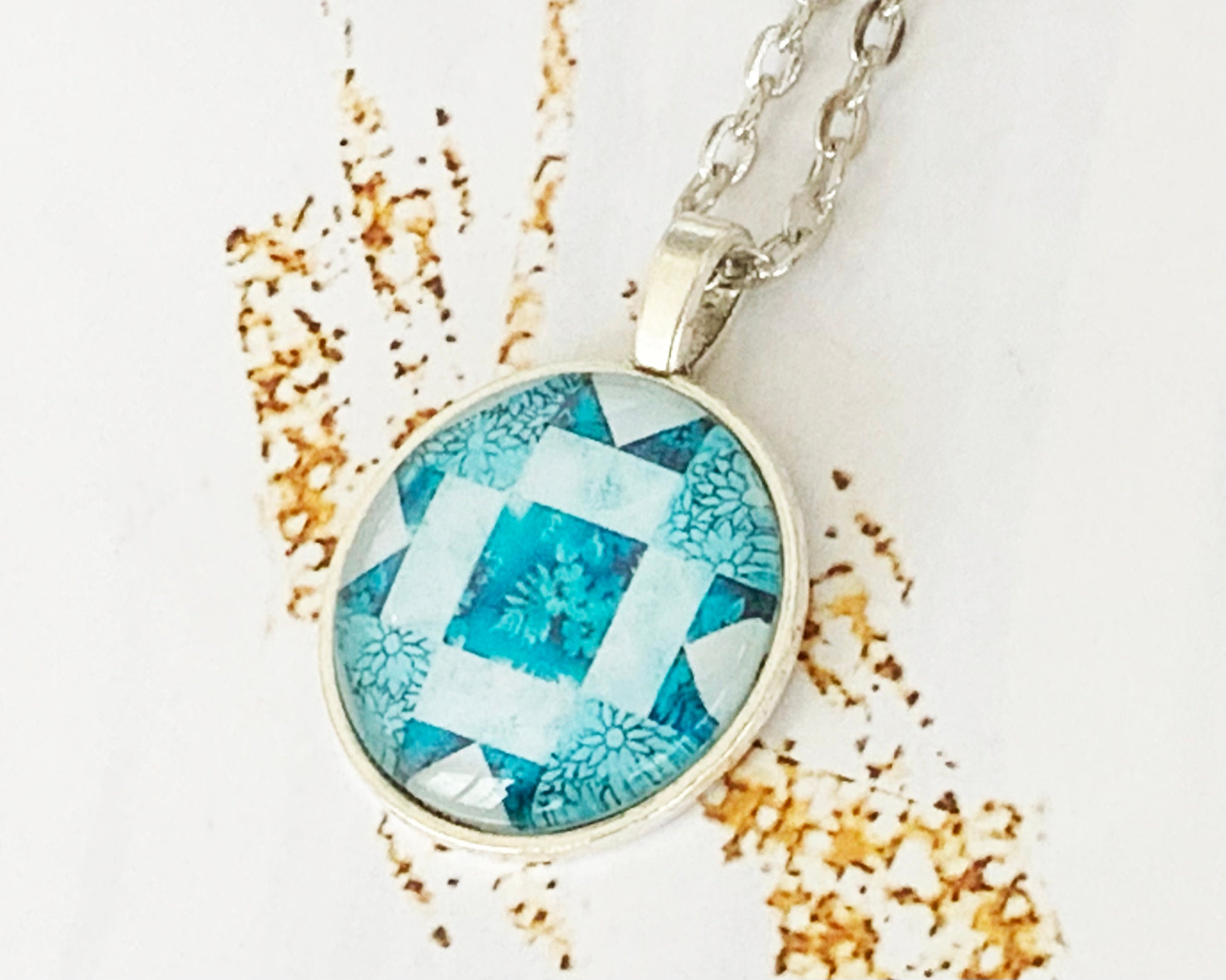Quilt Necklace Blue Quilt Block Necklace Round Quilt Block - Etsy