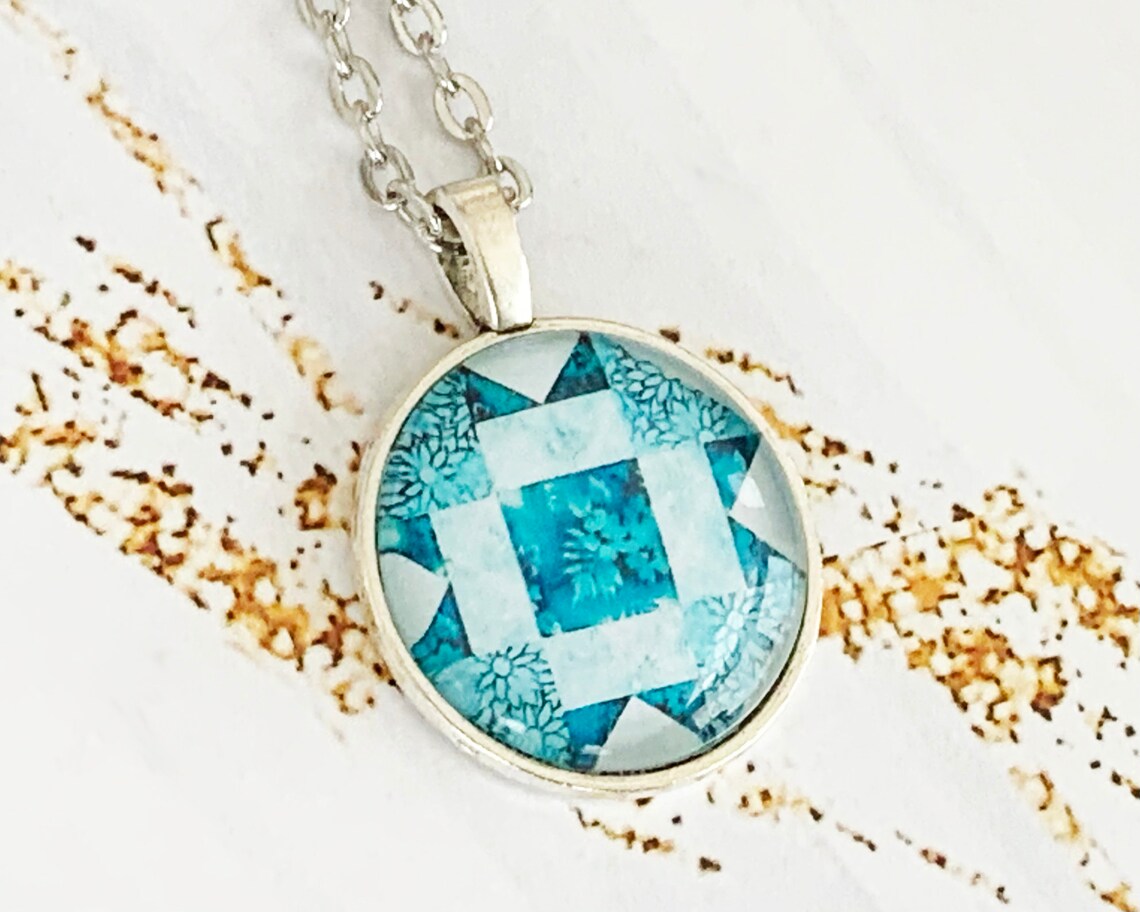 Quilt Necklace Blue Quilt Block Necklace Round Quilt Block - Etsy