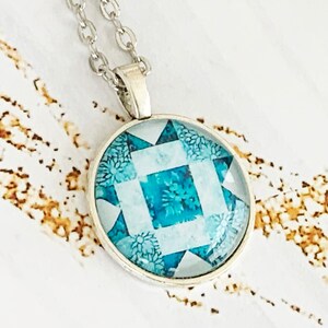 Quilt Necklace, Blue Quilt Block Necklace, Round Quilt Block Pendant ...