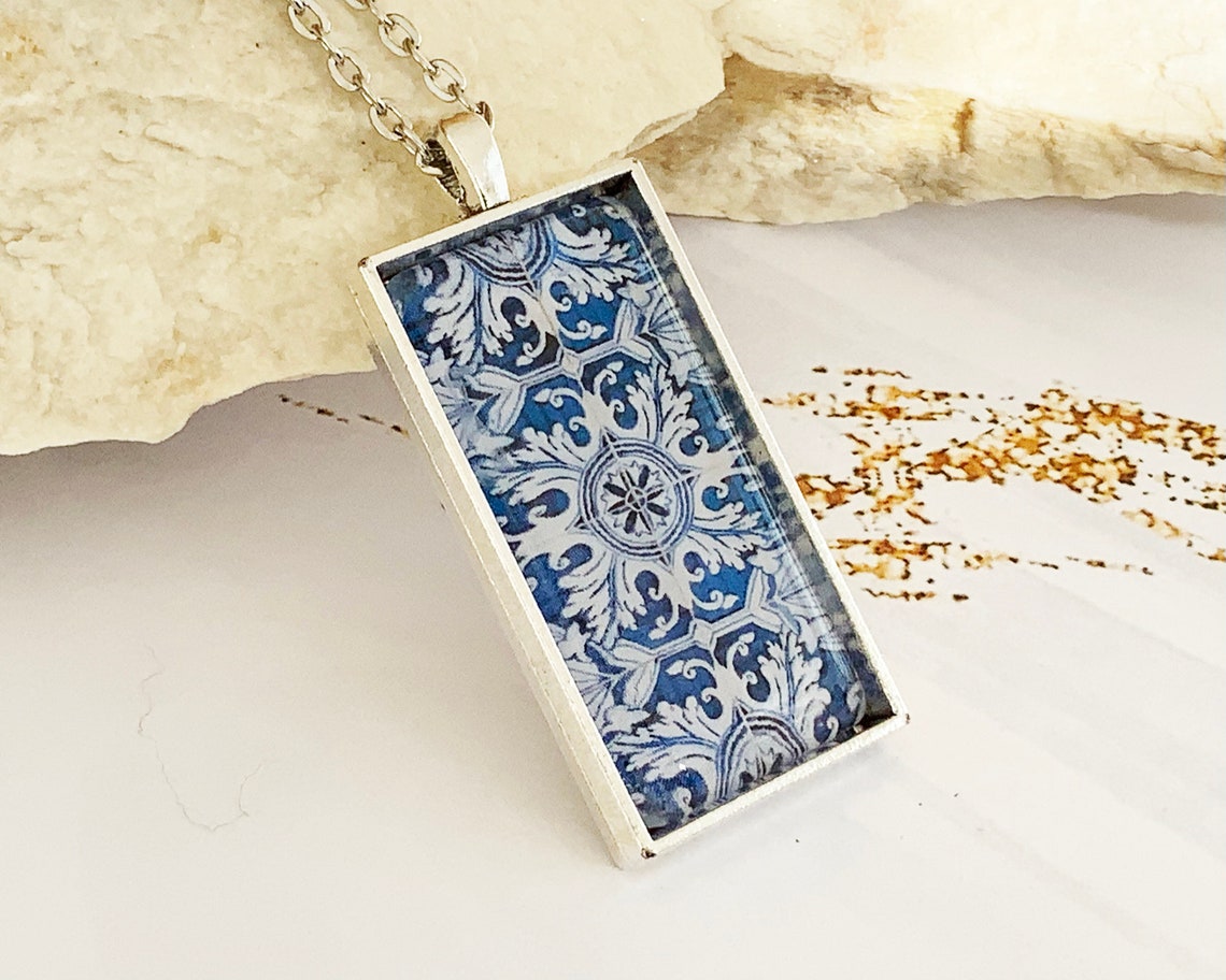 Vintage Blue Tile Necklace, Portuguese Tile Necklace in Bronze or ...