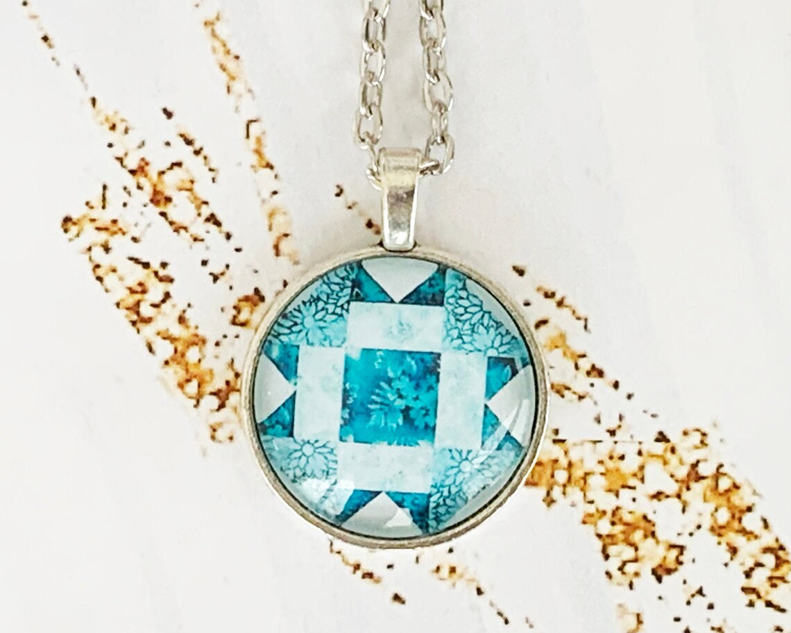 Quilt Necklace, Blue Quilt Block Necklace, Round Quilt Block Pendant ...