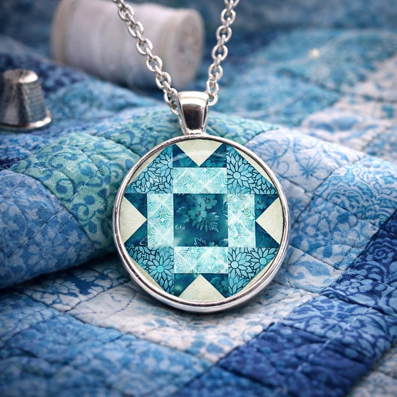 Quilt Necklace, Blue Quilt Block Necklace, Round Quilt Block Pendant ...
