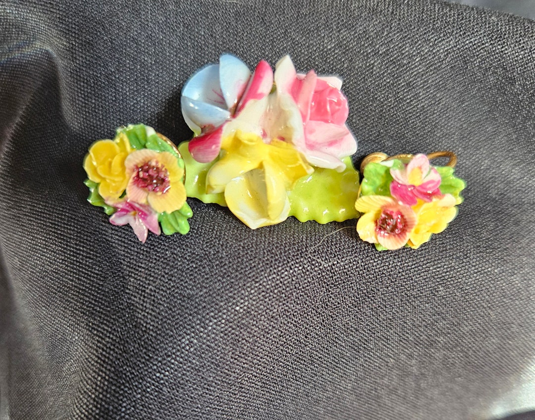 Antique Denton English Ceramic Flower Brooch and Earring Set. 1920s ...