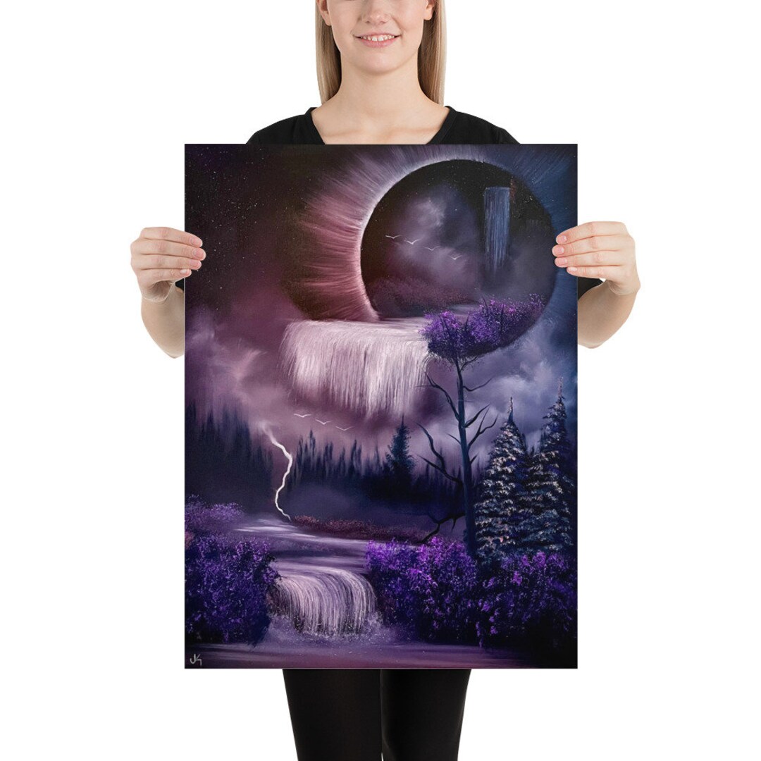 Poster Prints - Purple Full Moon Eclipse Portal Waterfall Landscape by ...