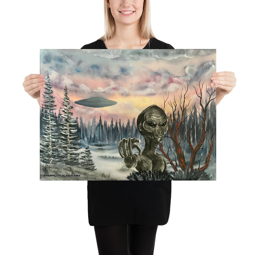 Winter Landscape with Alien by HLL Artist Josh Kirkham. Alien UFO 16x20 ...