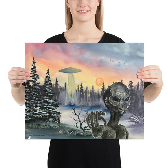 Winter Landscape with Alien by HLL Artist Josh Kirkham. Alien UFO 16x20 ...