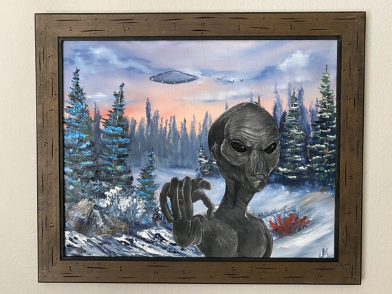 Winter Landscape with Alien by HLL Artist Josh Kirkham. Alien UFO 16x20 ...