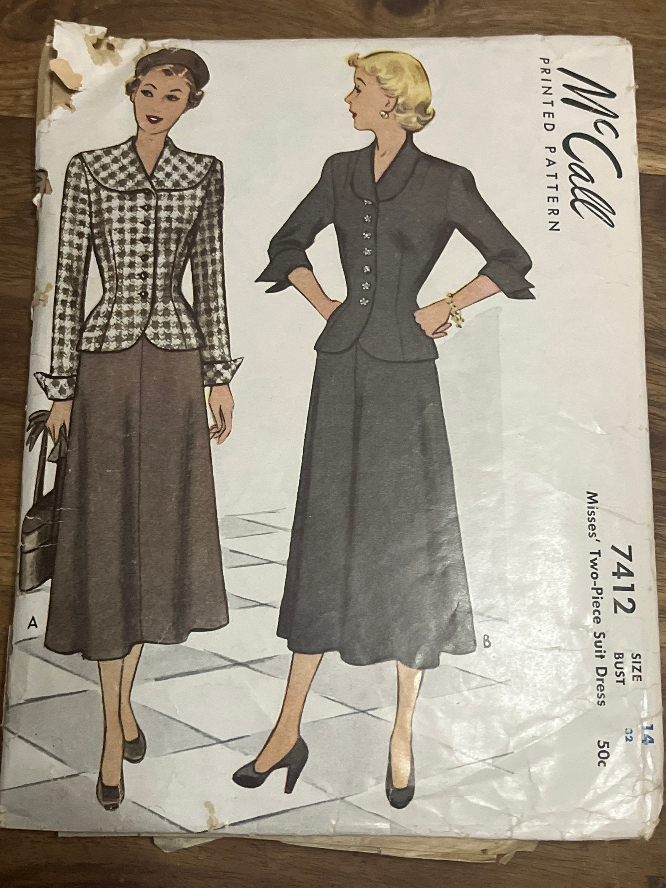 1940s Two Piece Suit Dress Pattern Mccall 7412 B32 Sz 14 - Etsy