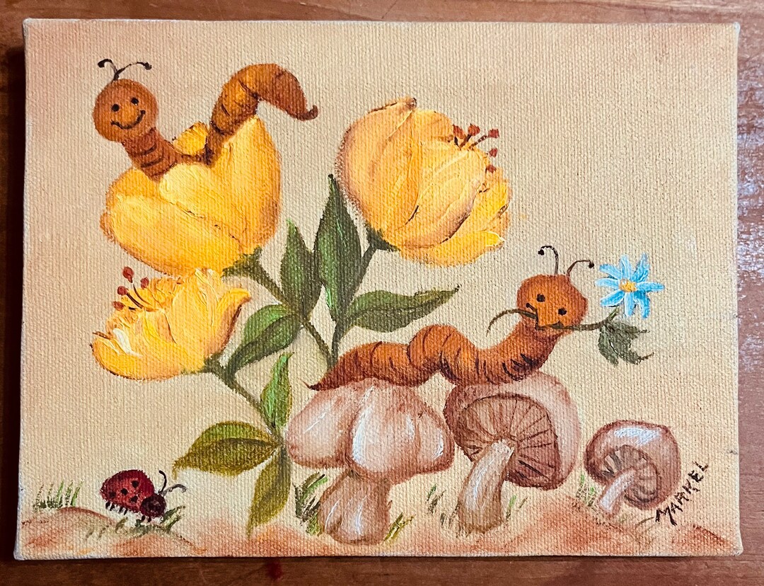 Seventies Acrylic Painting Inch Worm, Mushrooms, Poppies and a Ladybug ...