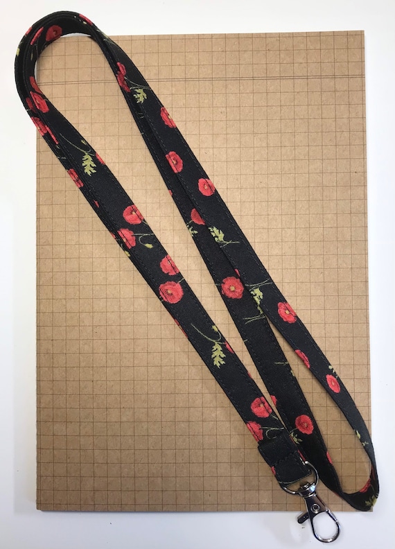 Black Poppy Fabric Skinny Lanyard - Etsy