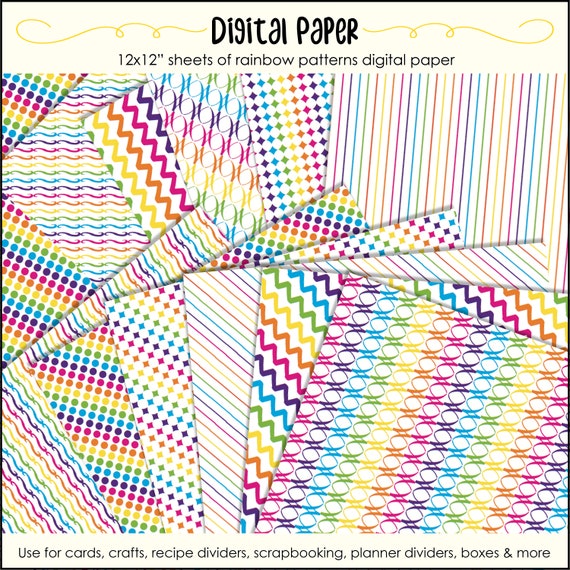 12x12 Sheet 12 Bright Rainbow Lines/Shapes Designs Printable Washi ...
