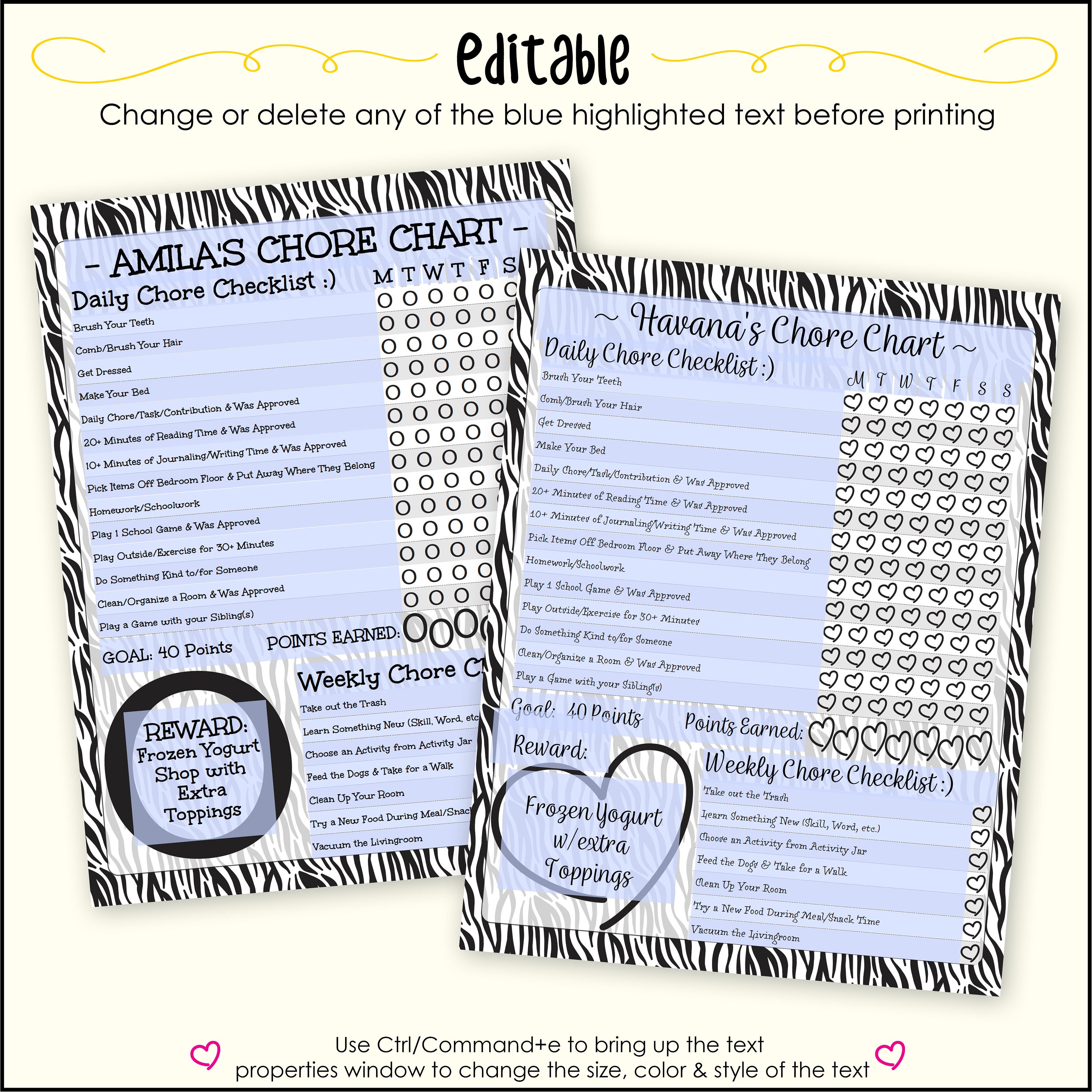 Editable Wild Zebra Circles and Hearts Kid/tween/teen Rewards Chore ...