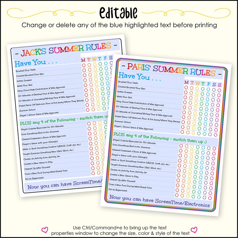 Editable Rainbow Circles Kid/tween/teen Summer/technology Rules/reward ...