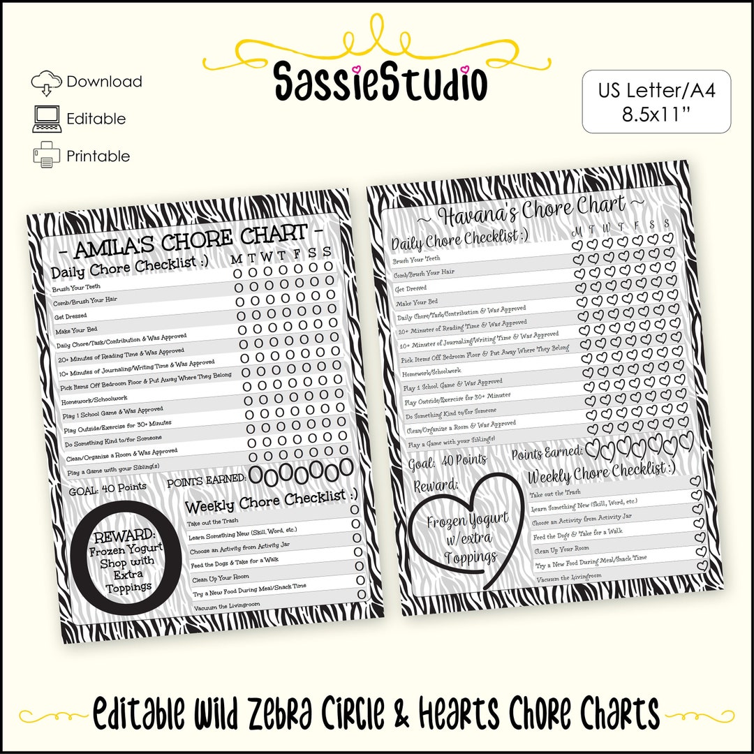 Editable Wild Zebra Circles and Hearts Kid/tween/teen Rewards Chore ...