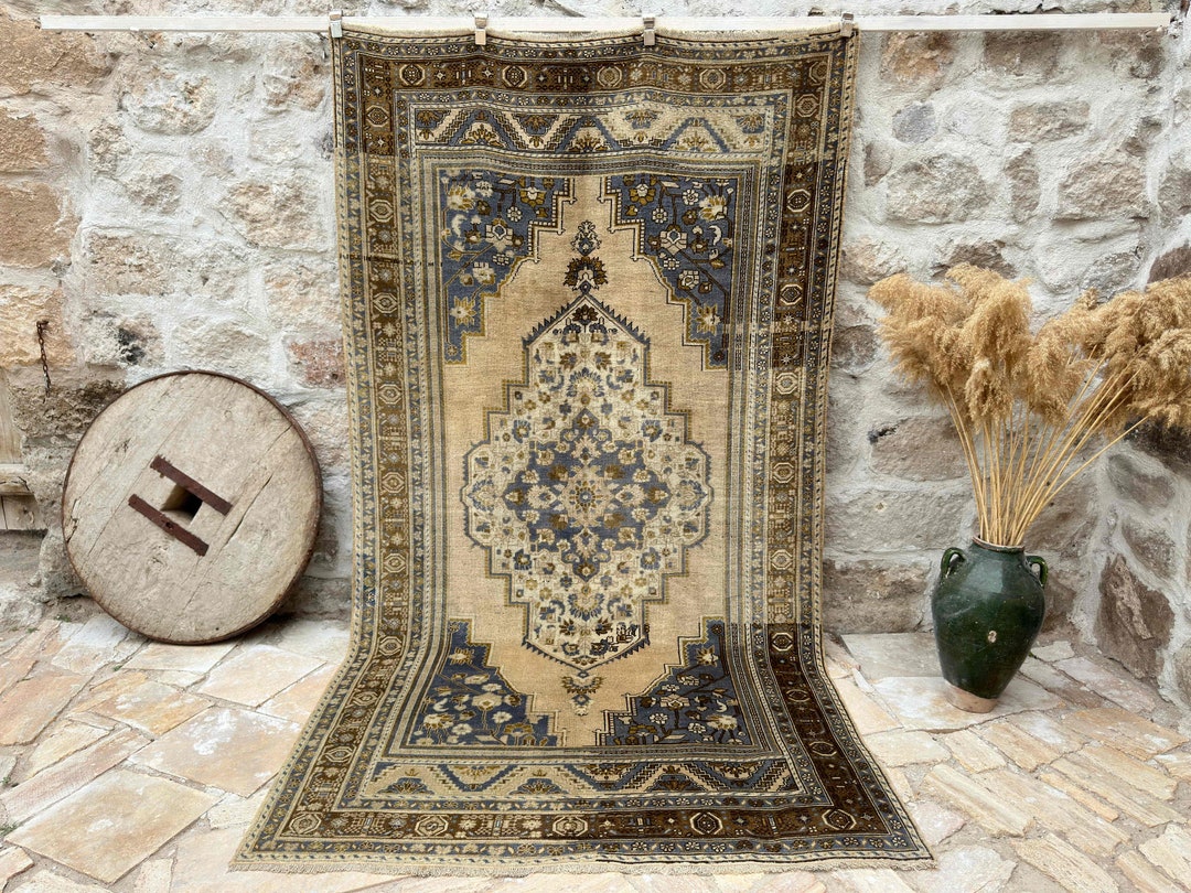 Hand-woven Oversized Turkish Carpet 5x10 Blue Wool Geometric Rug Large ...