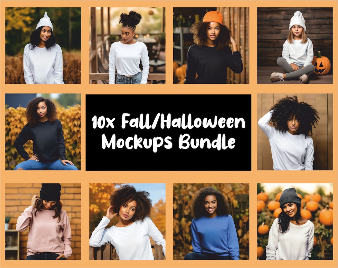 10x Halloween Woman Mockup Bundle JPG, Black Woman, Long Sleeved T ...