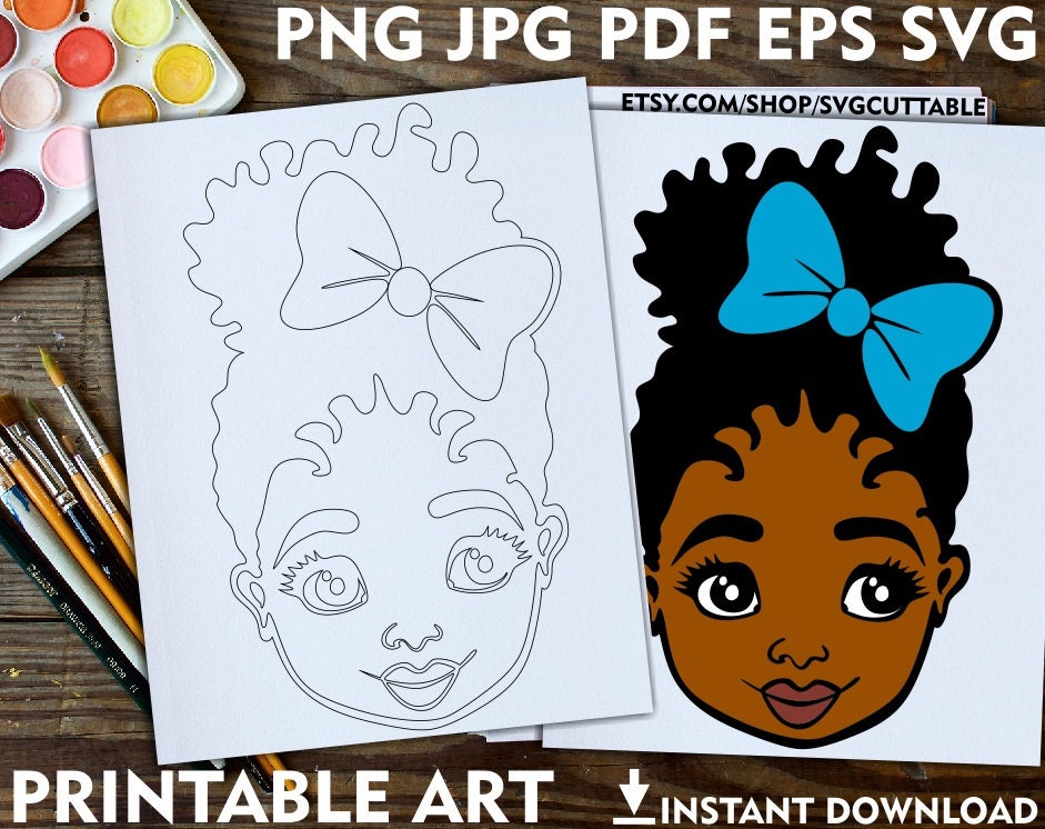 Black Girl Messy Bun Printable Adult Coloring Page Hair Bow - Etsy