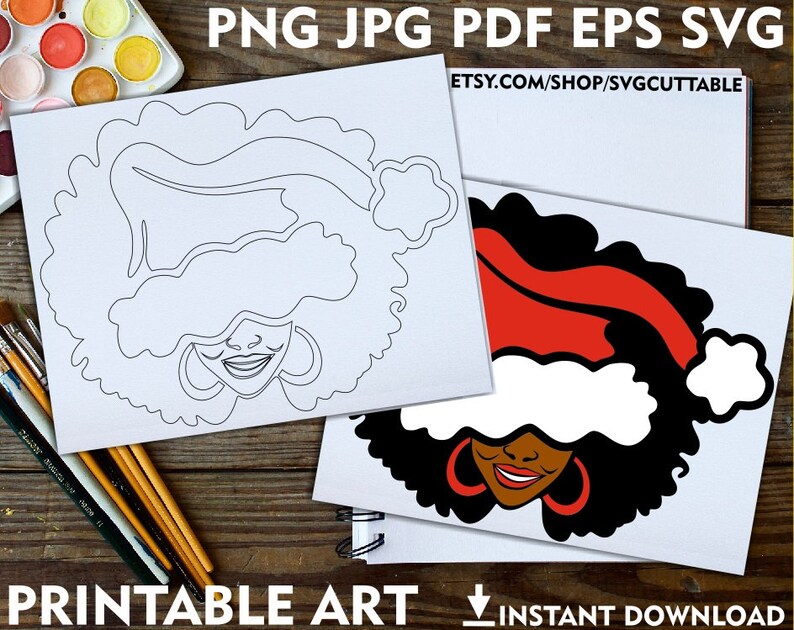 Santa Girl Svg, Christmas Png, Adult Printable Coloring Page, Santa Hat ...