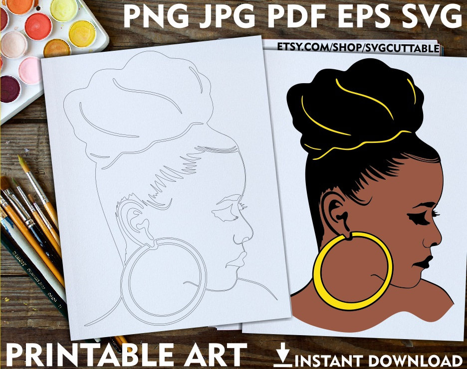 Woman in Messy Bun Png Printable Adult Coloring Page Digi | Etsy