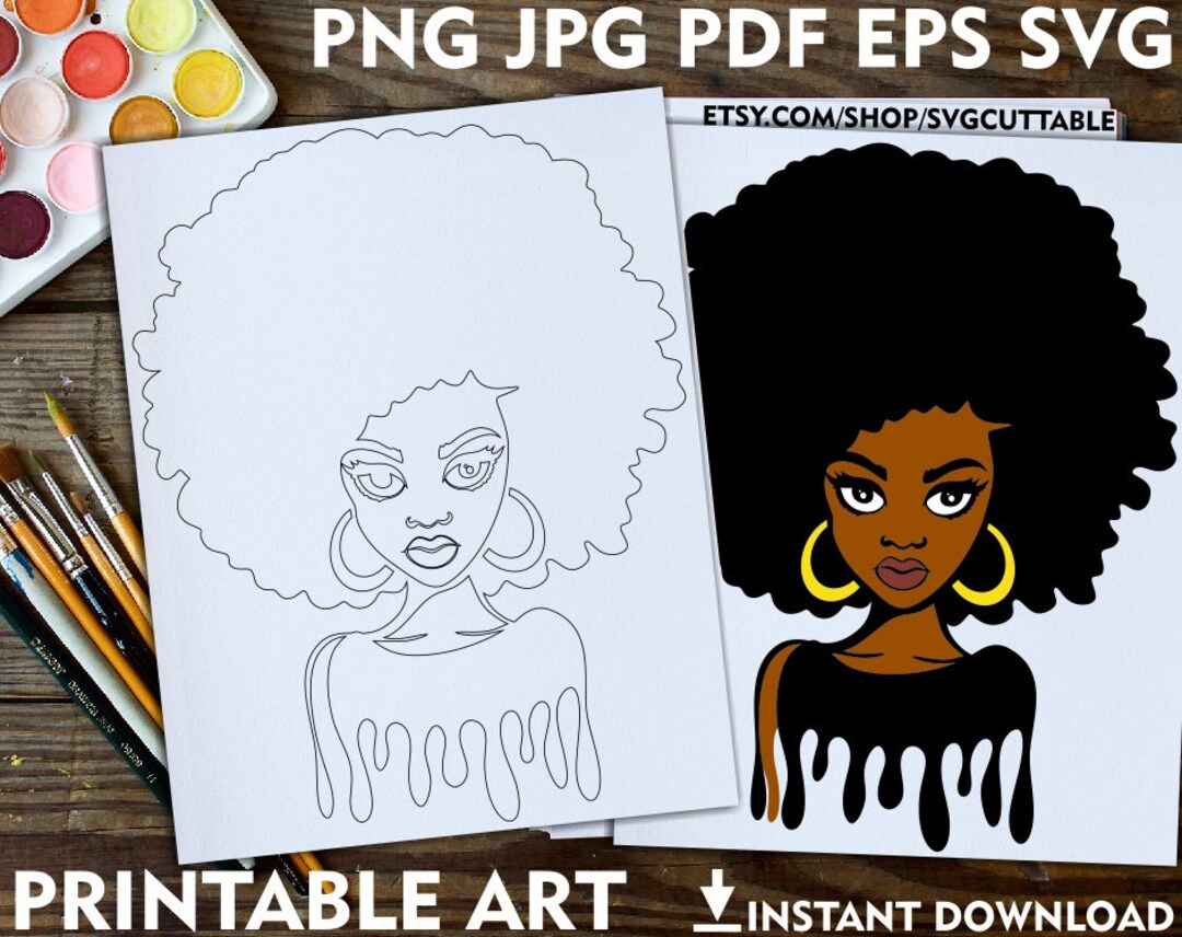 Black Woman Printable Adult Coloring Page, Dripping Svg, Afican ...