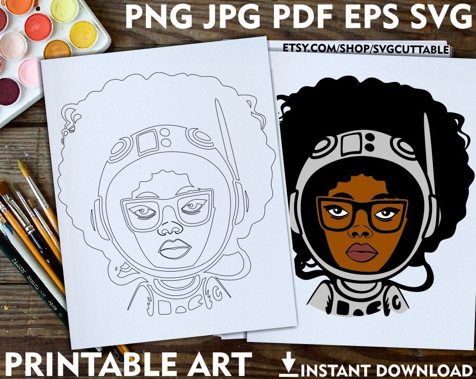 Black Woman in Space Printable Adult Coloring Page Cosmonaut - Etsy