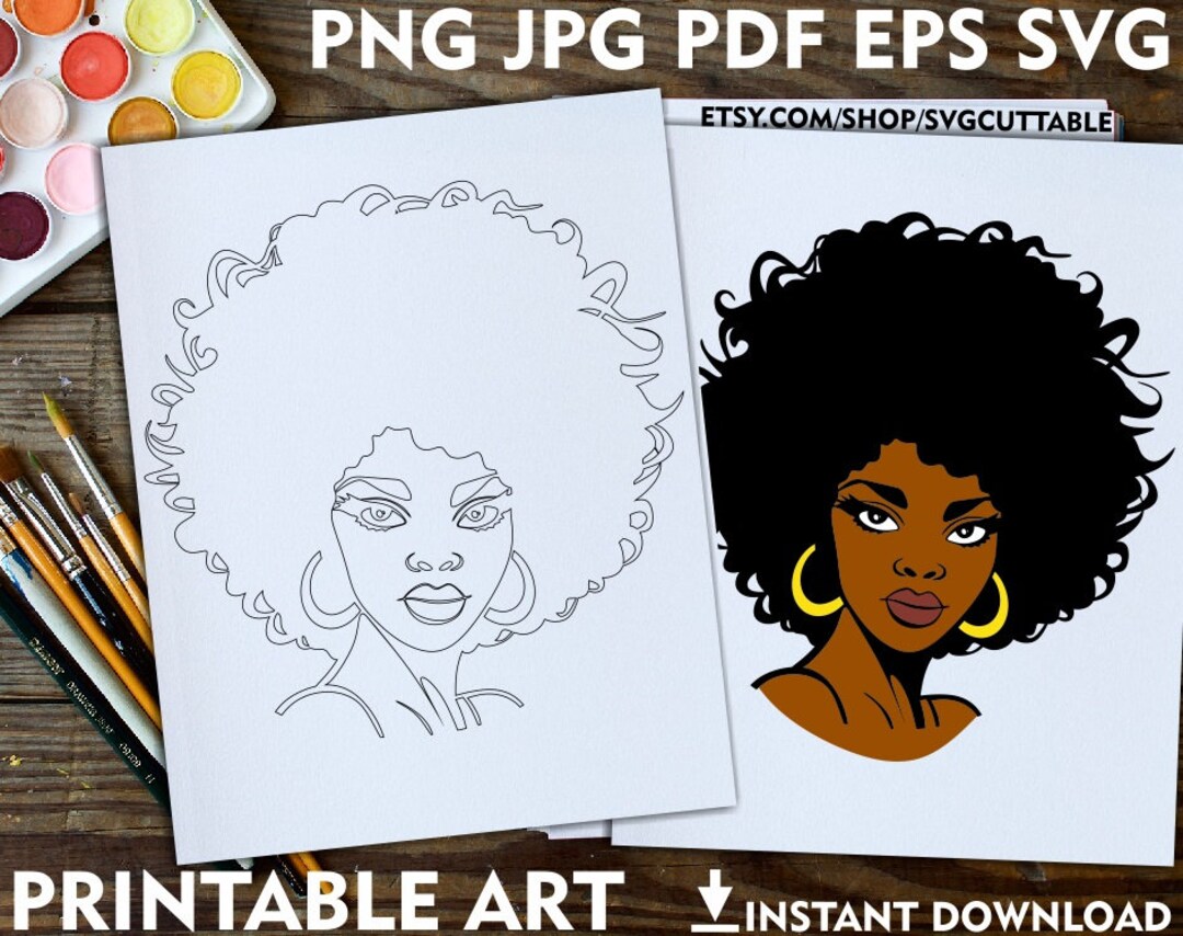 Afro Woman Printable Adult Coloring Page, Melanin Png, Black Woman Svg ...