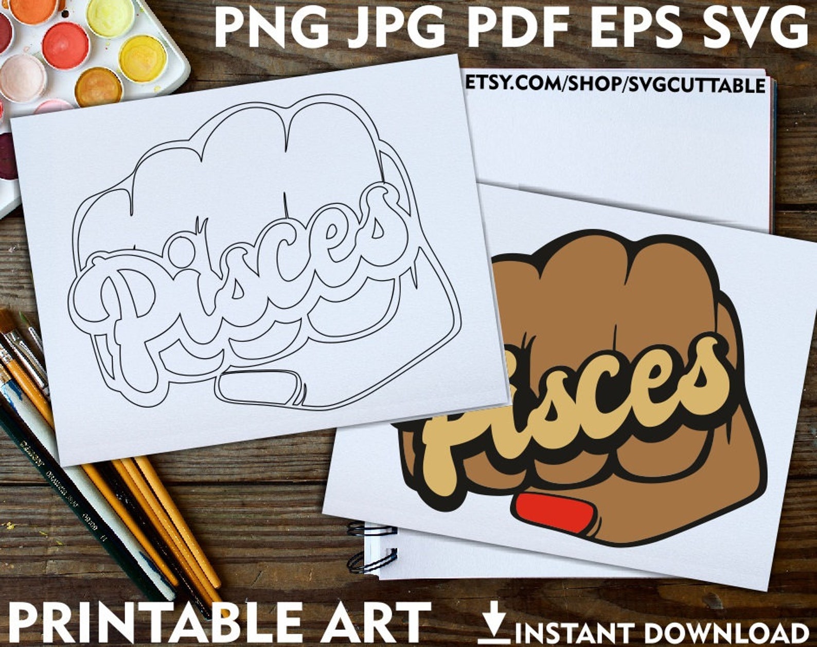 Pisces Printable Adult Coloring Page Fist Png Zodiac Sign - Etsy