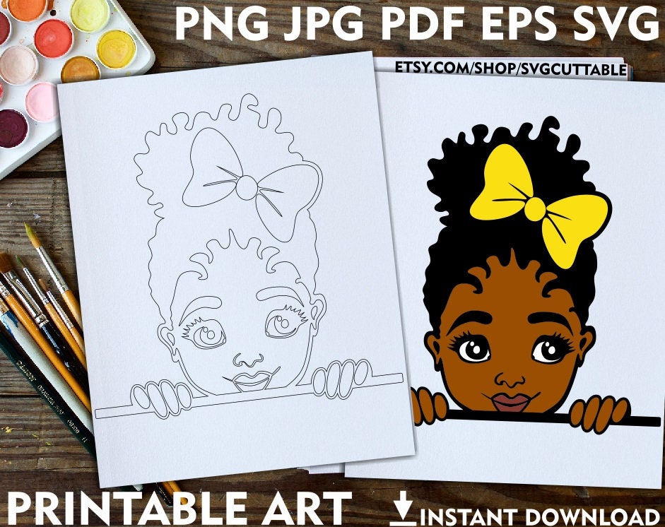 Peekaboo Black Girl Messy Bun Coloring Pages Melanin Color - Etsy
