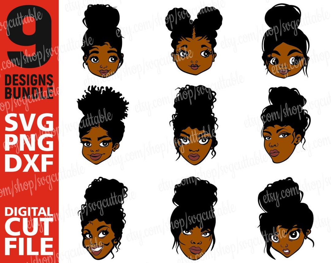 9x Afro Messy Bun Svg Bundle, Curly Hair Svg, Afro Puffs, African ...