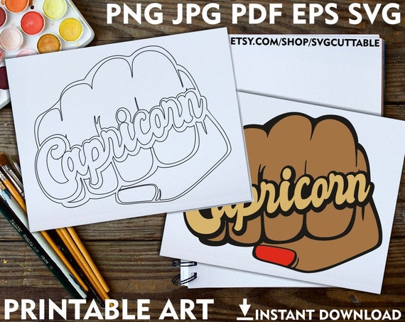 Capricorn Printable Adult Coloring Page Fist Png Zodiac | Etsy