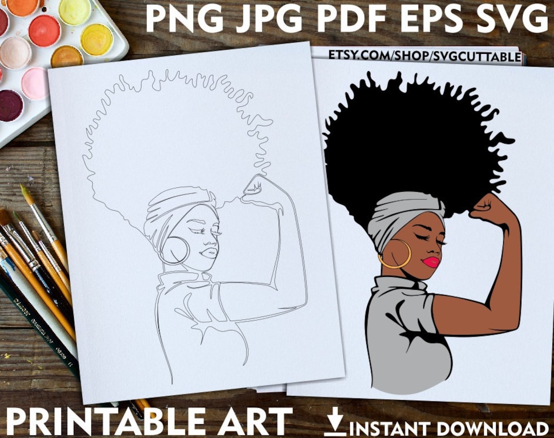 Strong Woman Printable Adult Coloring Page, Girl Power Png, Afro Png ...