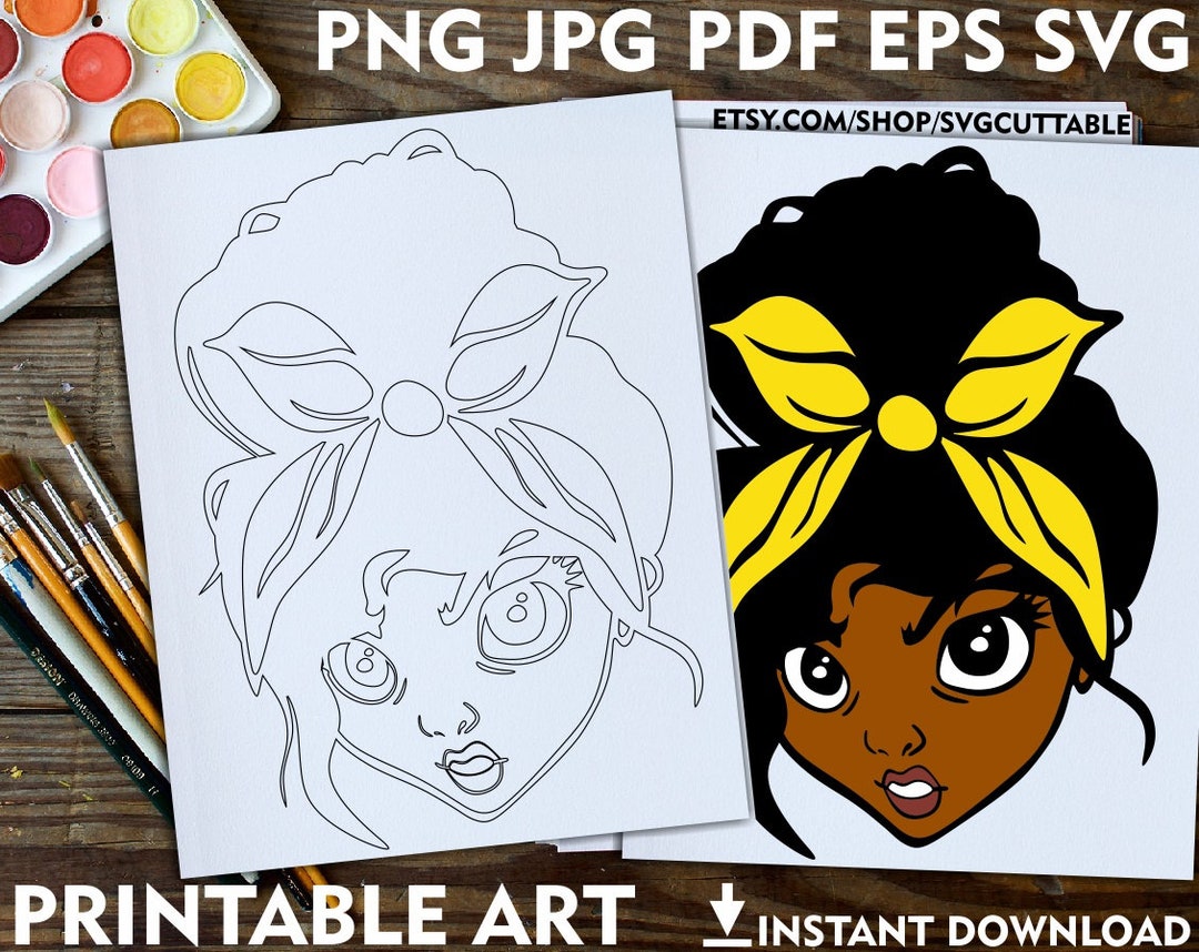 Black Girl Messy Bun Coloring Pages, Little Black Girls Png, Hair Scarf ...