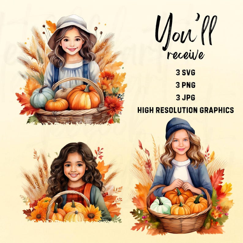 Watercolor Farmer Girl Clip Art Fall Harvest Basket Graphics Autumn ...