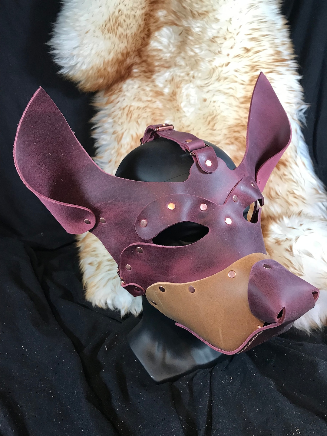 Burgundy + Tan Dog Pup Face Mask Puppy Genuine Leather Handmade Leather ...