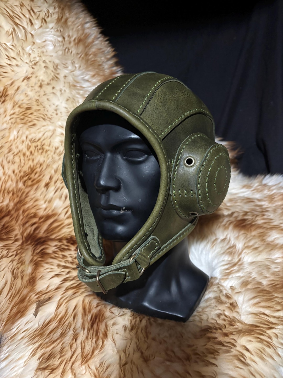 Ready to Ship Olive Green Aviator Cap Hood Genuine Leather Hand ...