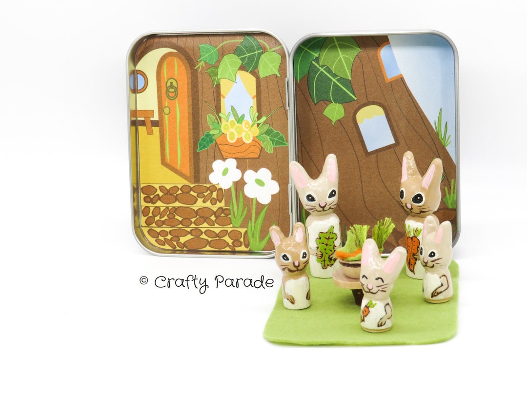 Rabbit Peg Doll Playset: Miniature Tin Box Toy Handmade - Etsy