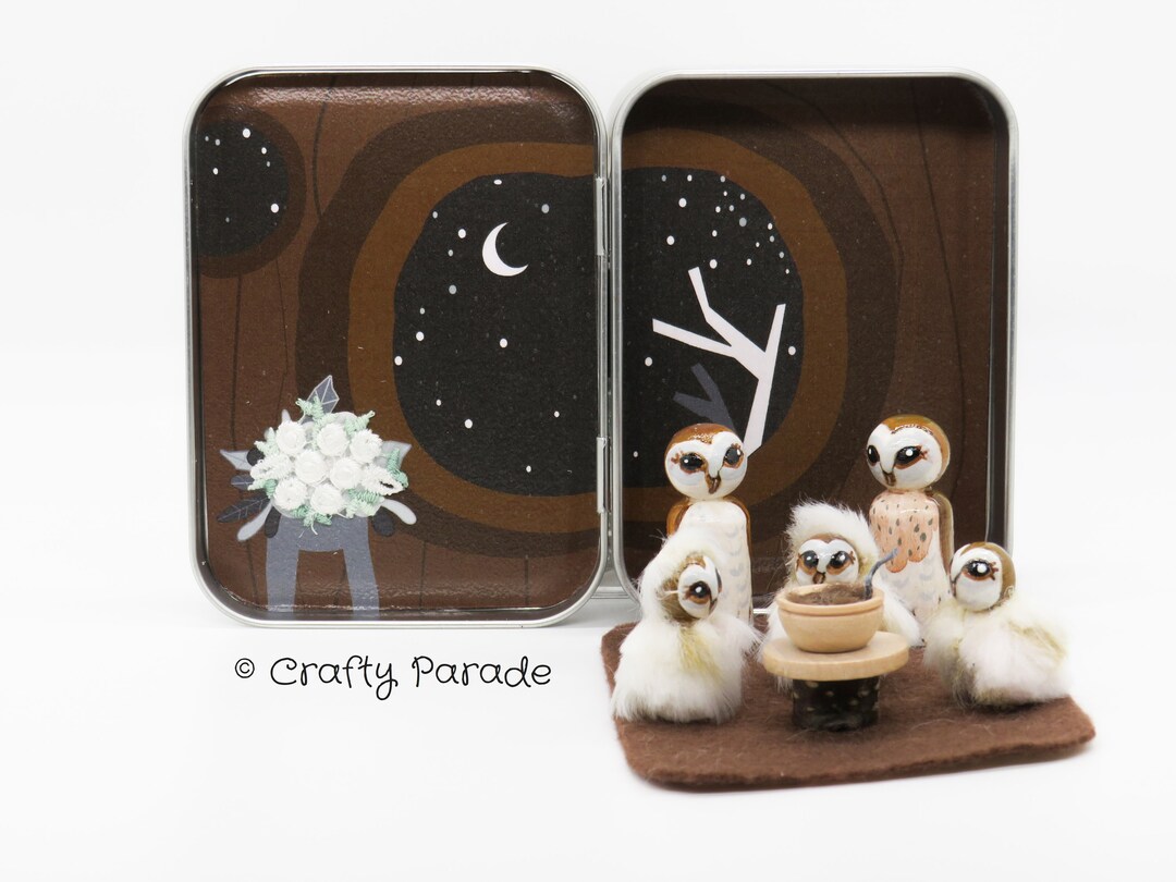 Owl Peg Doll Set: Miniature Tin Box Handmade Wooden Quiet Toy - Etsy