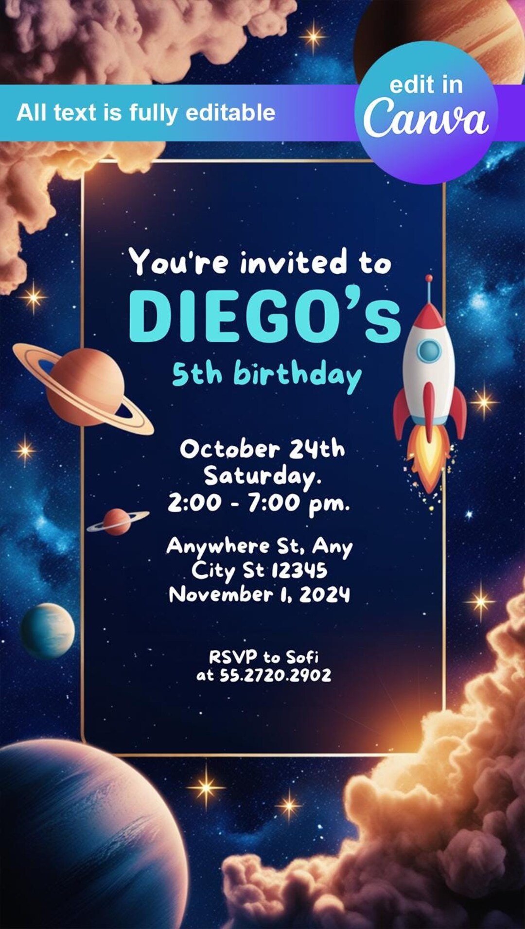 EDITABLE Astronaut Birthday Invitation | Space-themed Party Invite ...