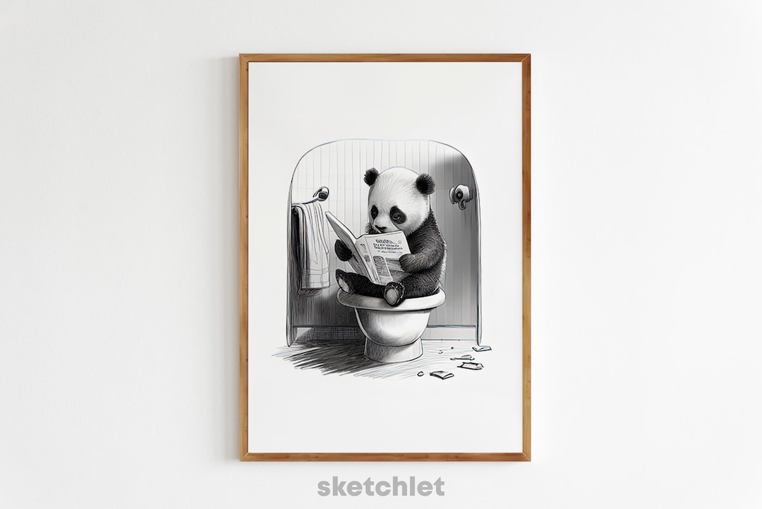 Baby Panda on Toilet Reading Newspaper / Funny Art / Black and White ...