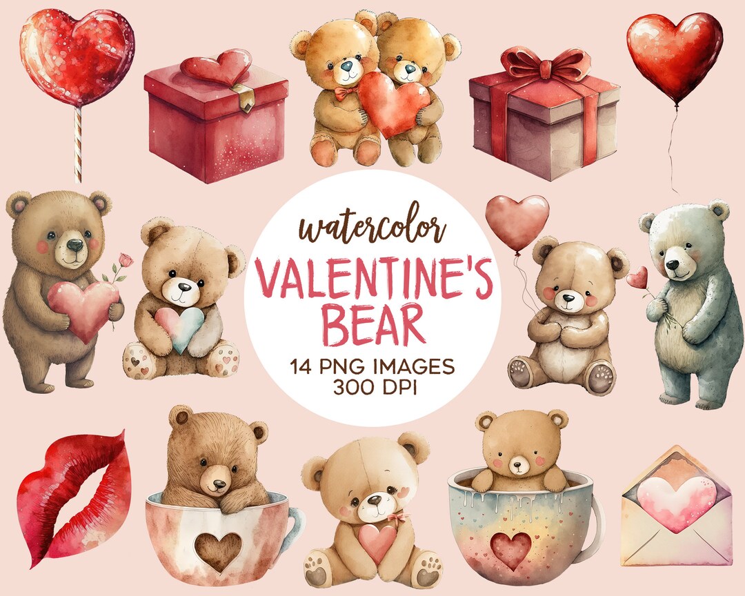 Valentine's Bear Clipart Bundle, 14 Pieces Watercolor Valentine Day ...