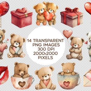 Valentine's Bear Clipart Bundle, 14 Pieces Watercolor Valentine Day ...