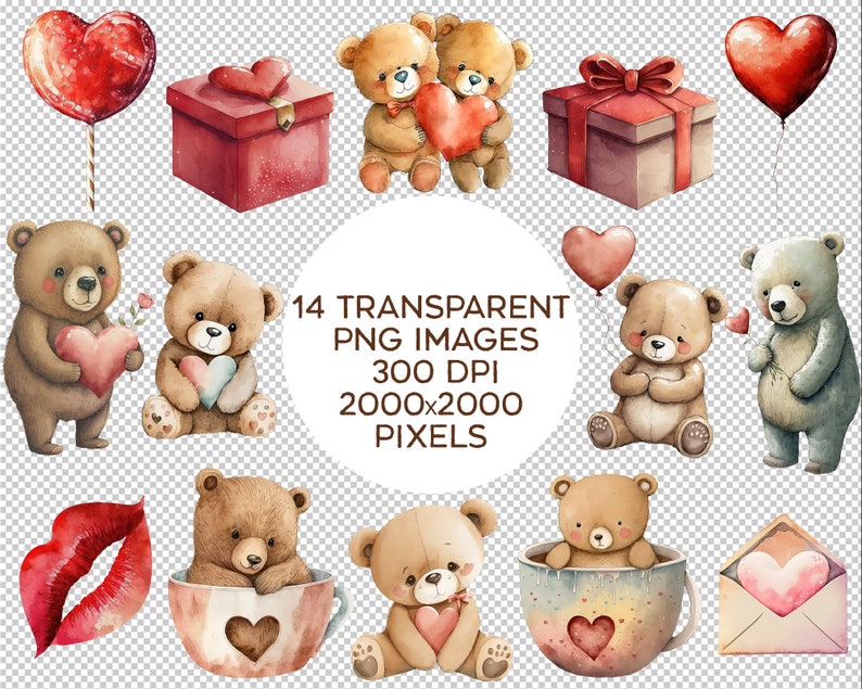 Valentine's Bear Clipart Bundle, 14 Pieces Watercolor Valentine Day ...