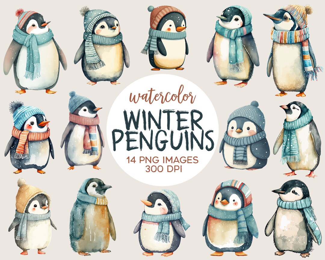 Winter Penguins Clipart Bundle, 14 Pieces Watercolor Nursery Cliparts ...