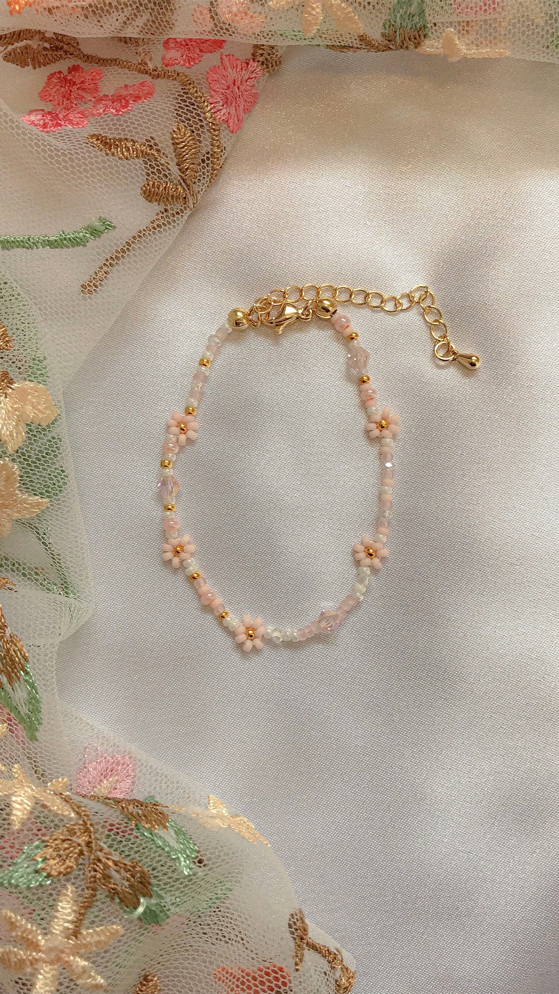 Flora Bracelet Delicate Pink Flower Bracelet Dainty Seed Bead Bracelet Handmade Beaded Bracelet ...